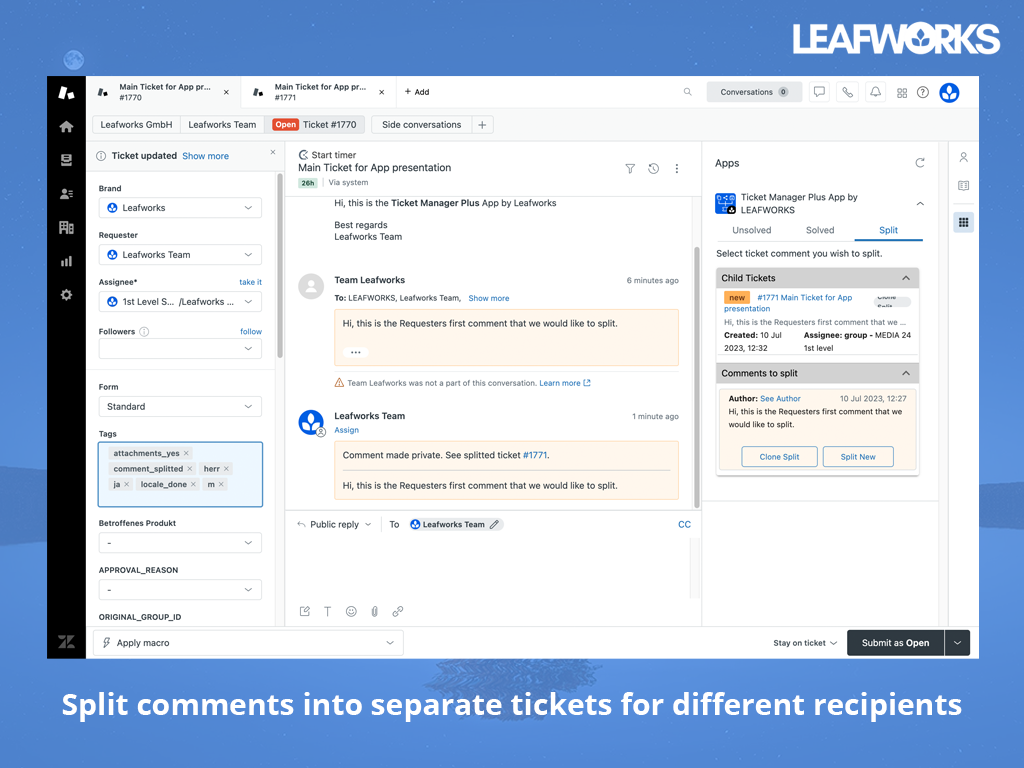 Ticket Manager Plus App by LEAFWORKS App Integration with Zendesk Support
